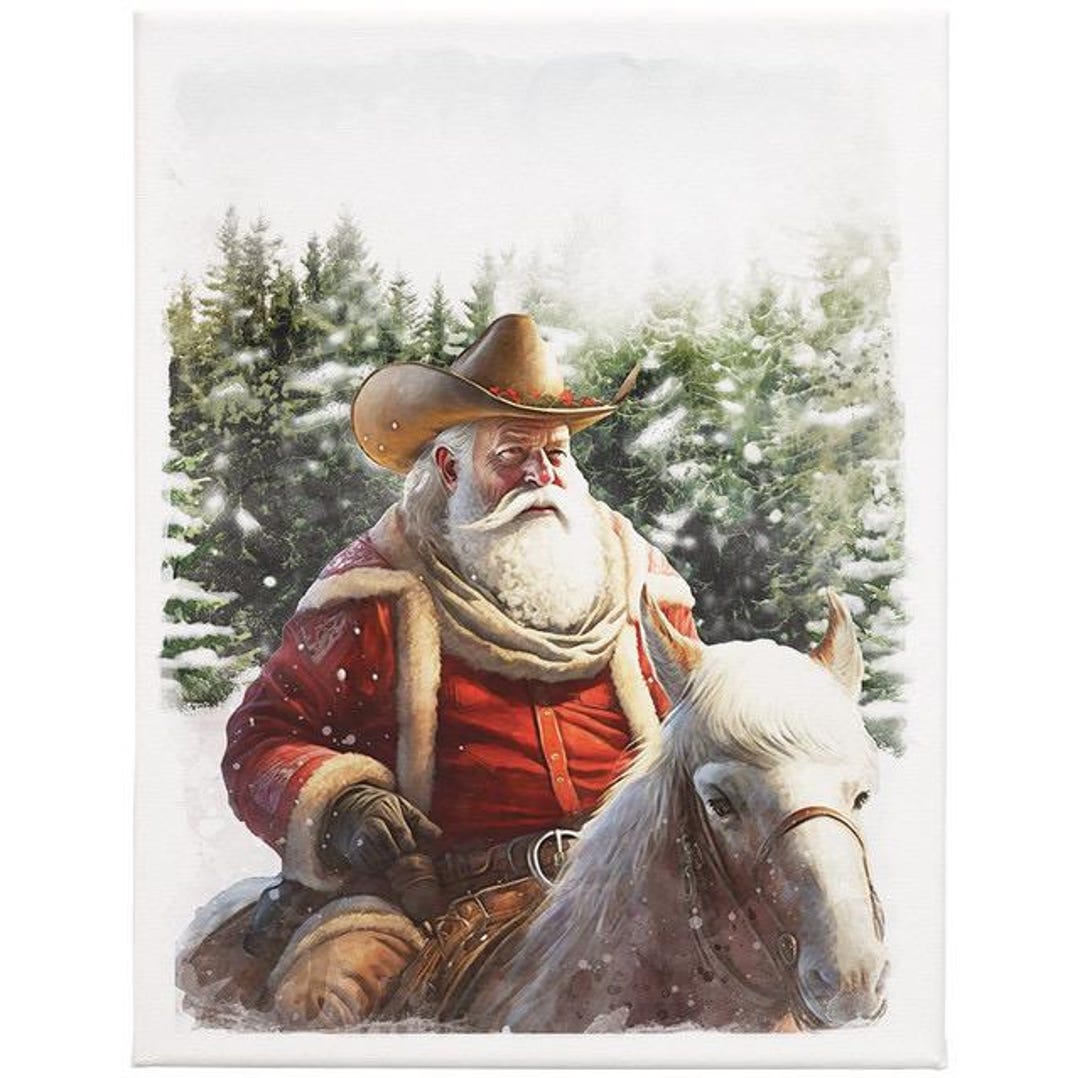 Cowboy Santa Canvas With Printed Design Over Wood Frame Santa on Horse ...