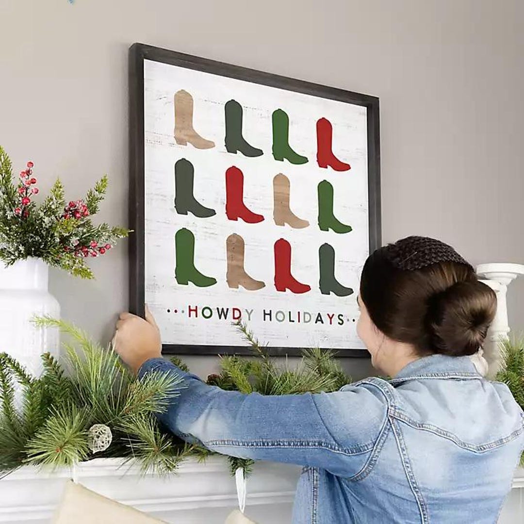 Howdy Holidays Christmas Cowboy Cowgirl Boots Framed Rustic Farmhouse ...