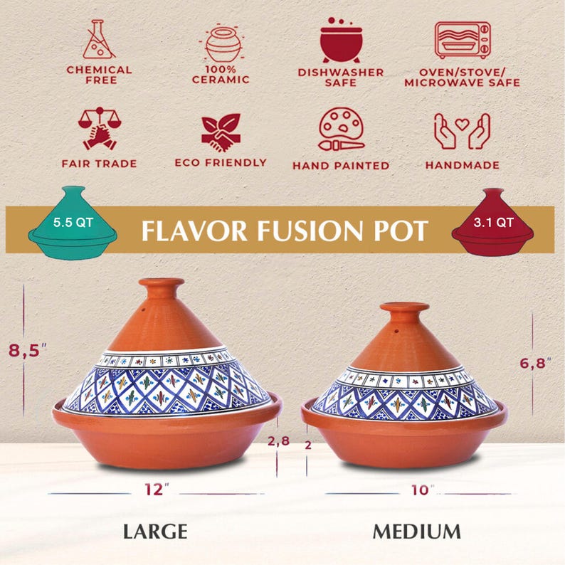 Tagine Pot - Handmade, Non-stick, Lead-free Cookware, Classic Line Blue ...