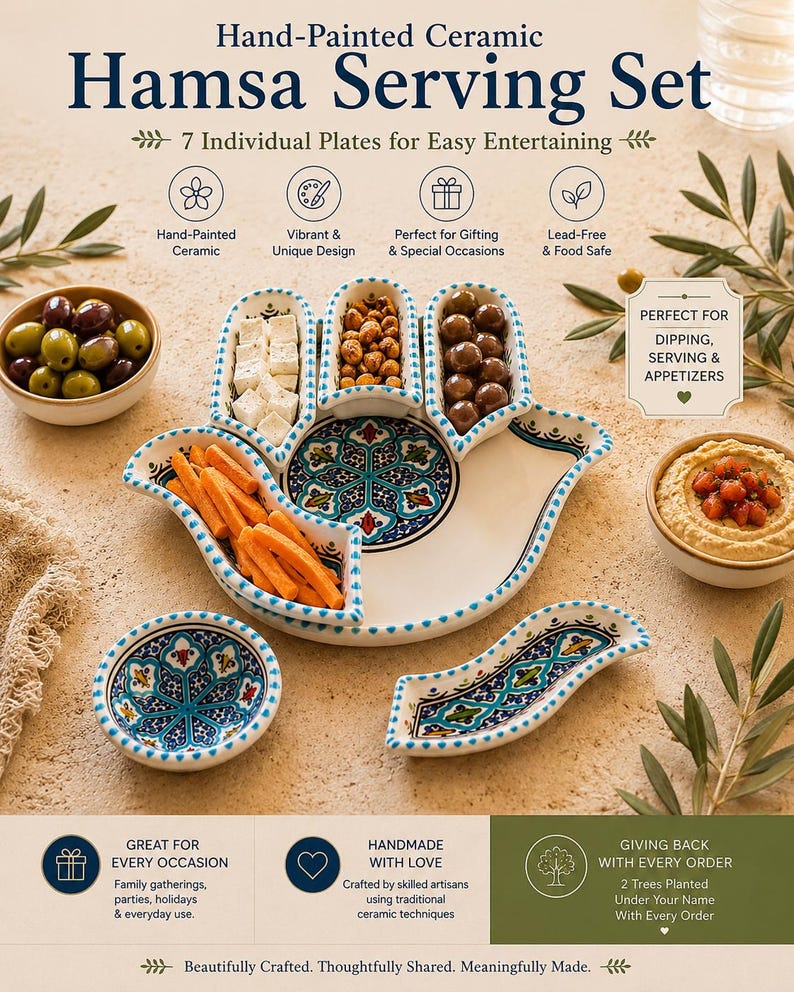 Handmade Turquoise Hamsa Hand Serving Platter Set, Mediterranean ...