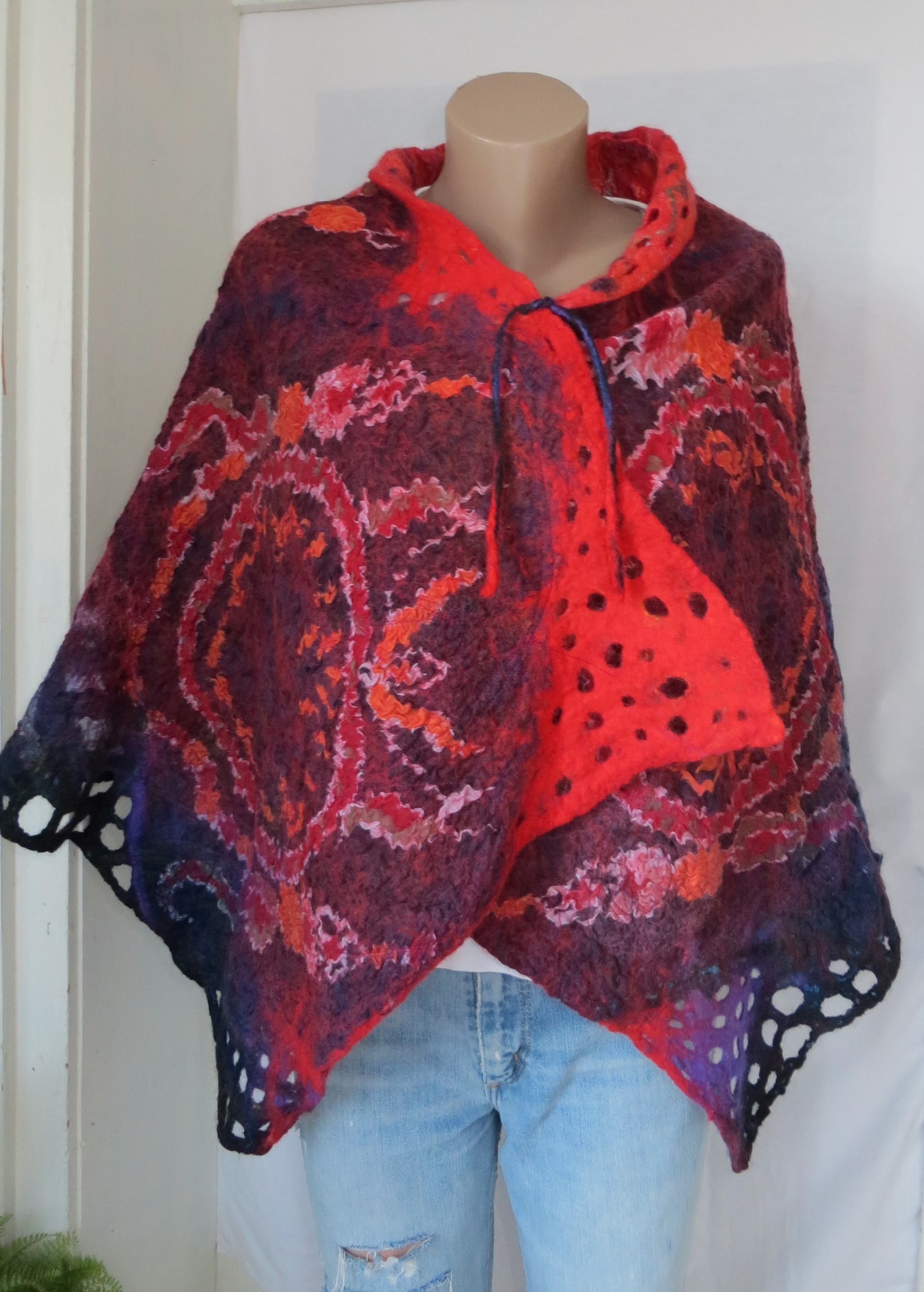 Gift for Her,felted Red Poncho,reversible Wool Wrap,nunofelted Poncho ...