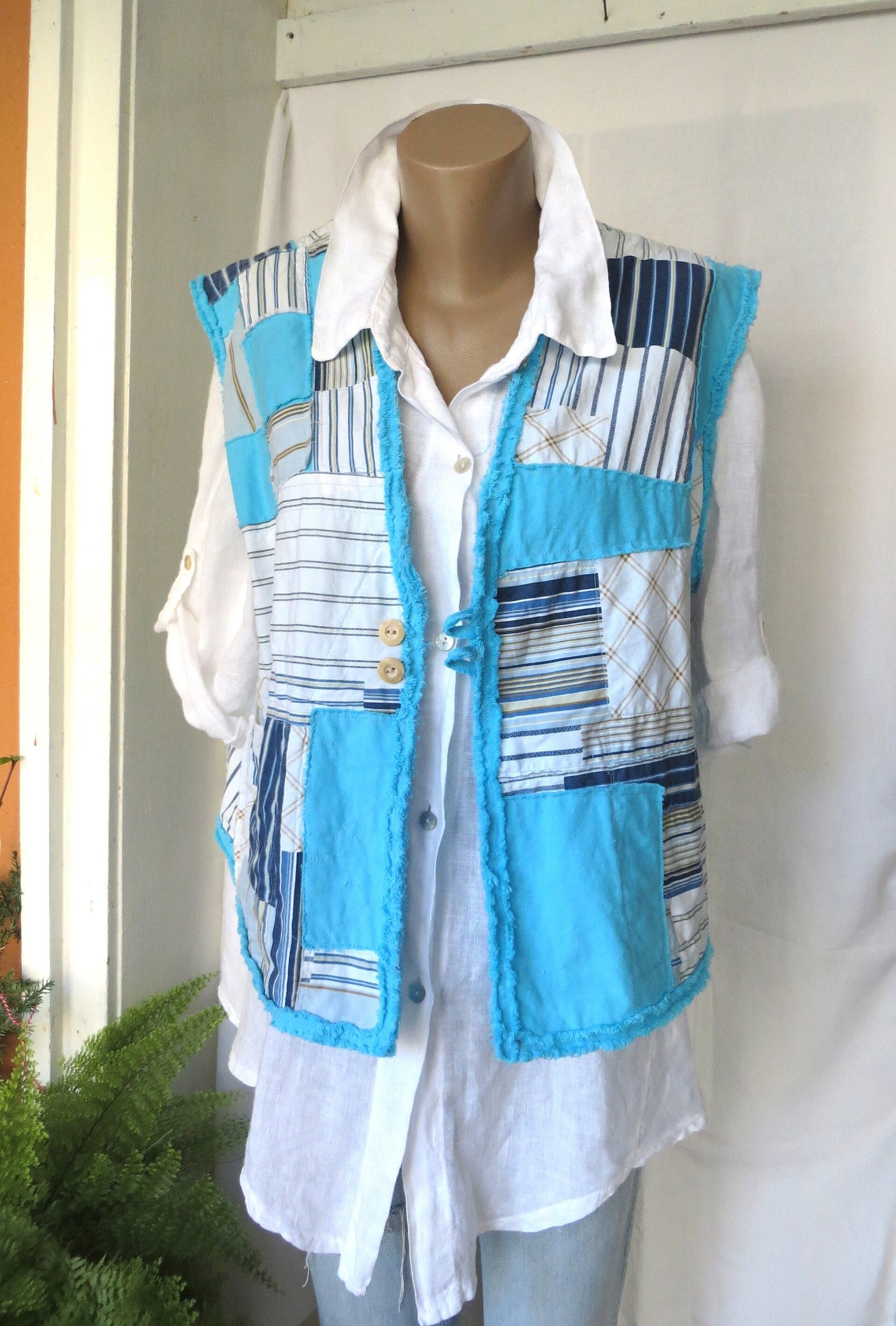 Blue Cotton Vest, Sleeveless Vest, Extravagant Reversible Vest, Plus ...