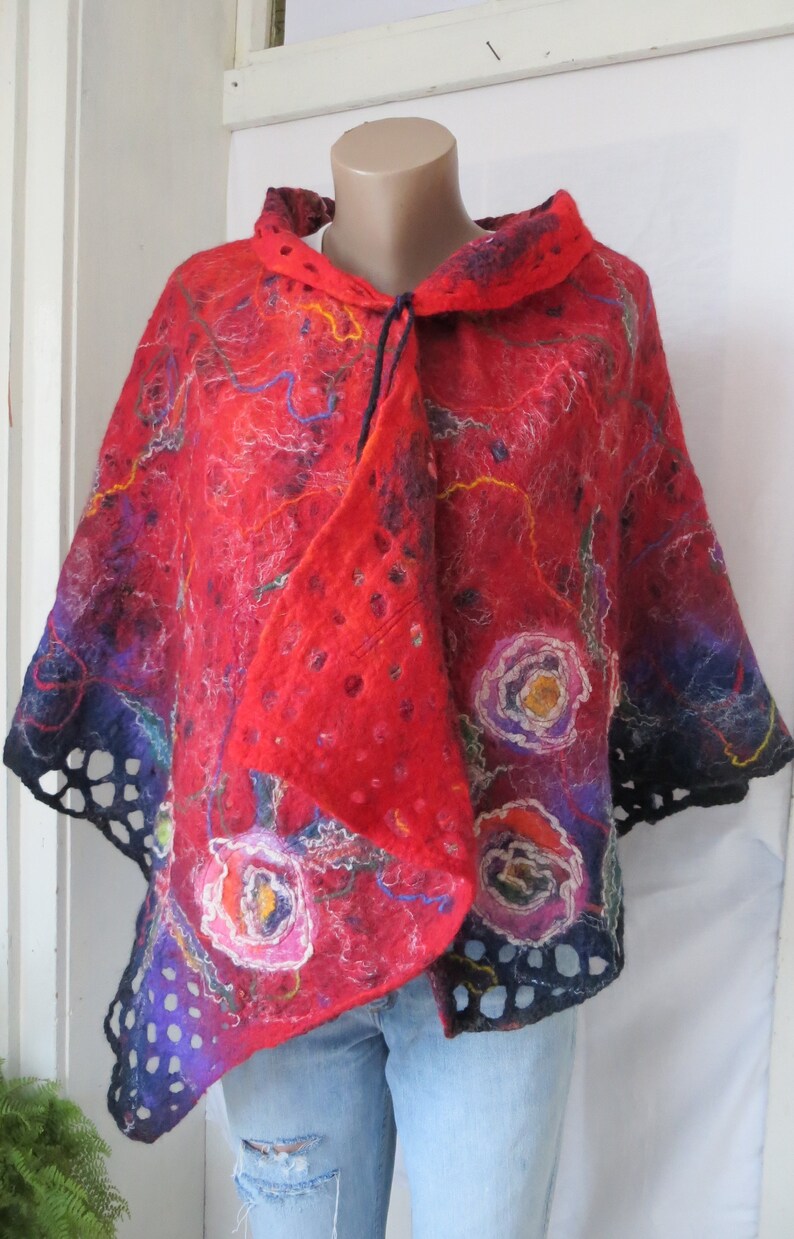 Gift for Her,felted Red Poncho,reversible Wool Wrap,nunofelted Poncho ...