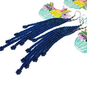 Dark Blue Long Seed Bead Earrings Navy Blue Beaded Fringe Earrings ...