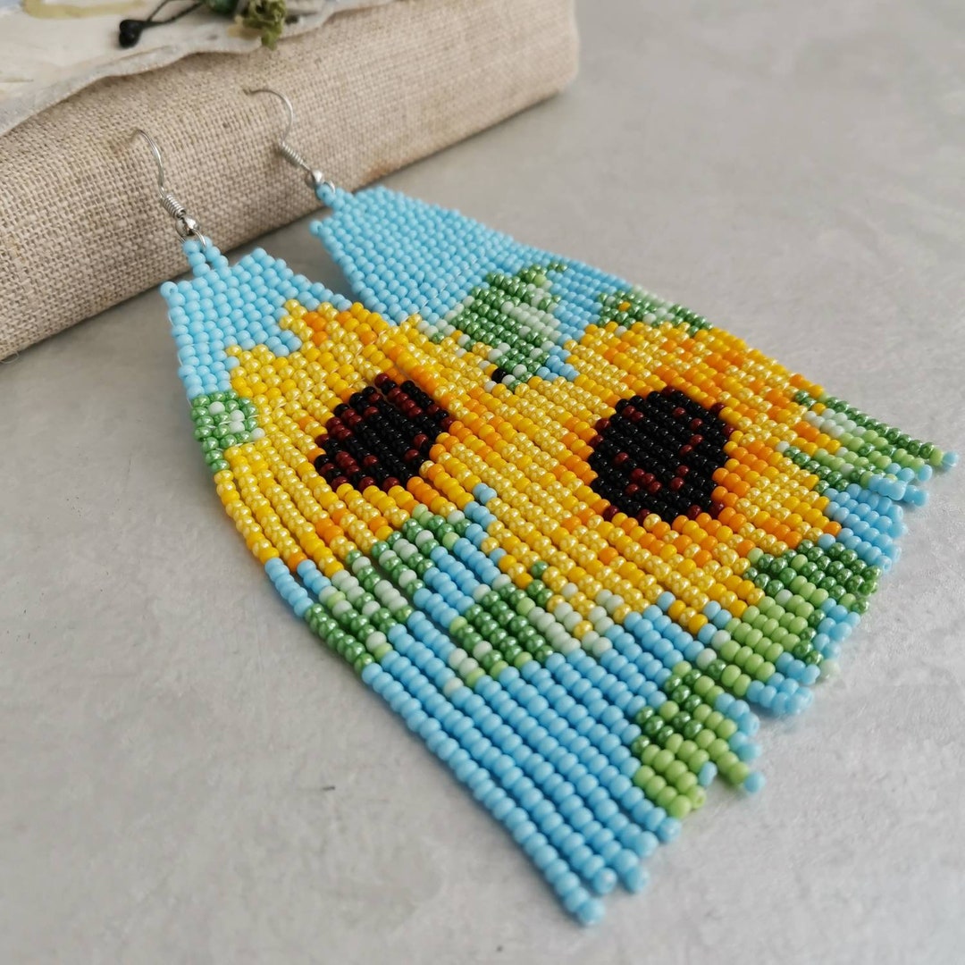 Sunflower Beaded Earrings Yellow Flower Summer Long Seed Bead Dangle ...