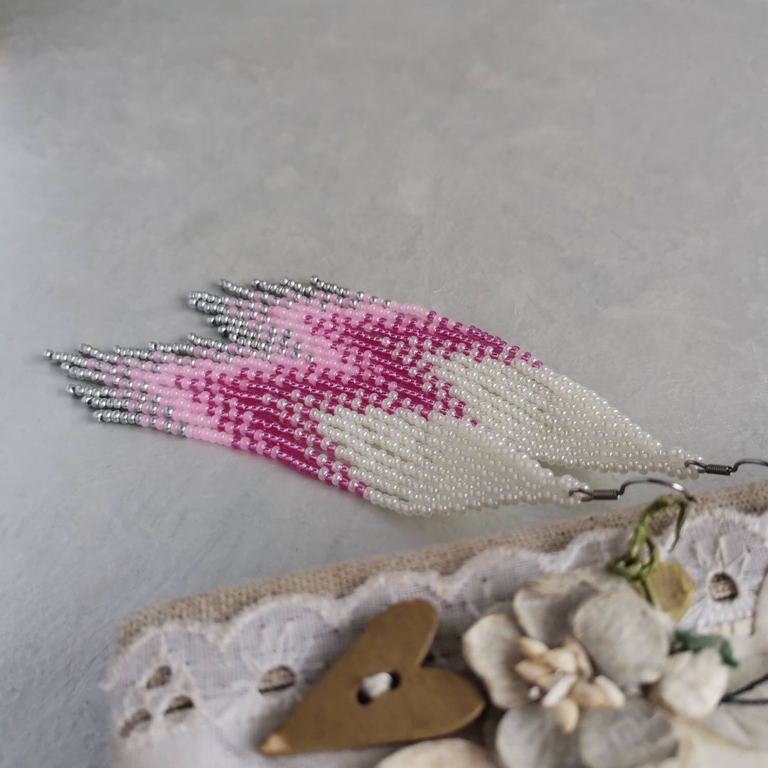 Light Pink Seed Bead Dangle Earrings Long Beaded Fringe Earrings ...