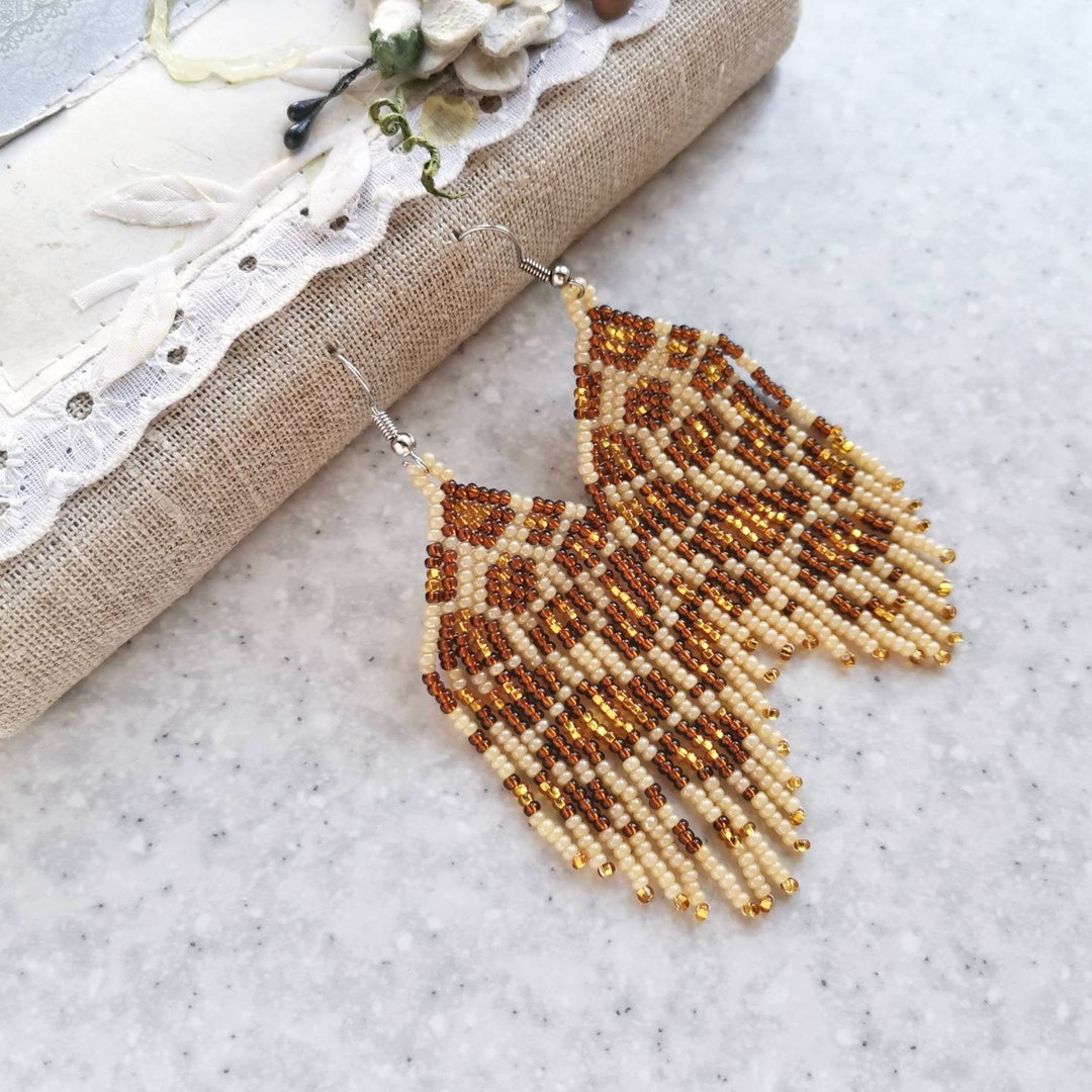 Leopard Beaded Earrings Cheetah Print Seed Bead Fringe Earrings Safari ...