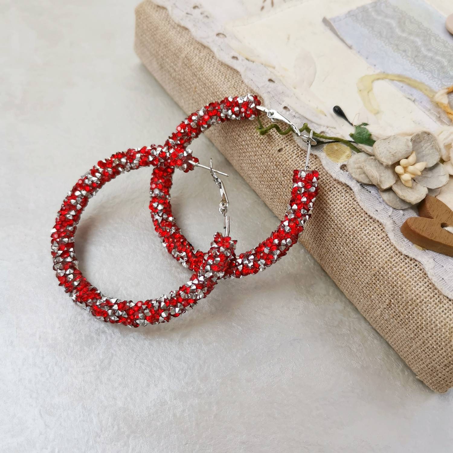 Red Rhinestone Hoop Earrings Large Crystal Pageant Earrings - Etsy