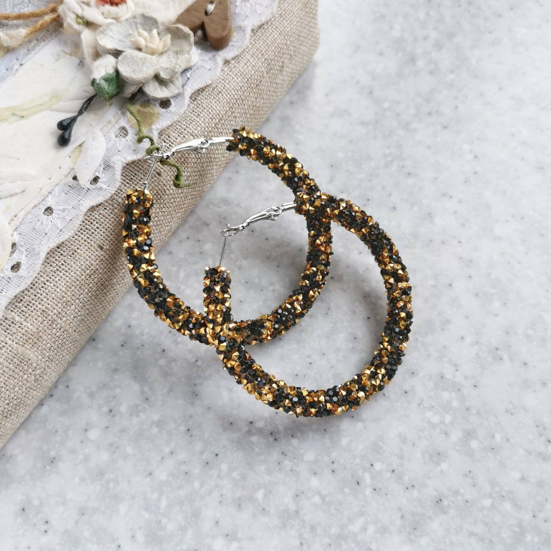 Black and Golden Crystal Hoop Earrings Black Rhinestone Earrings Fake ...