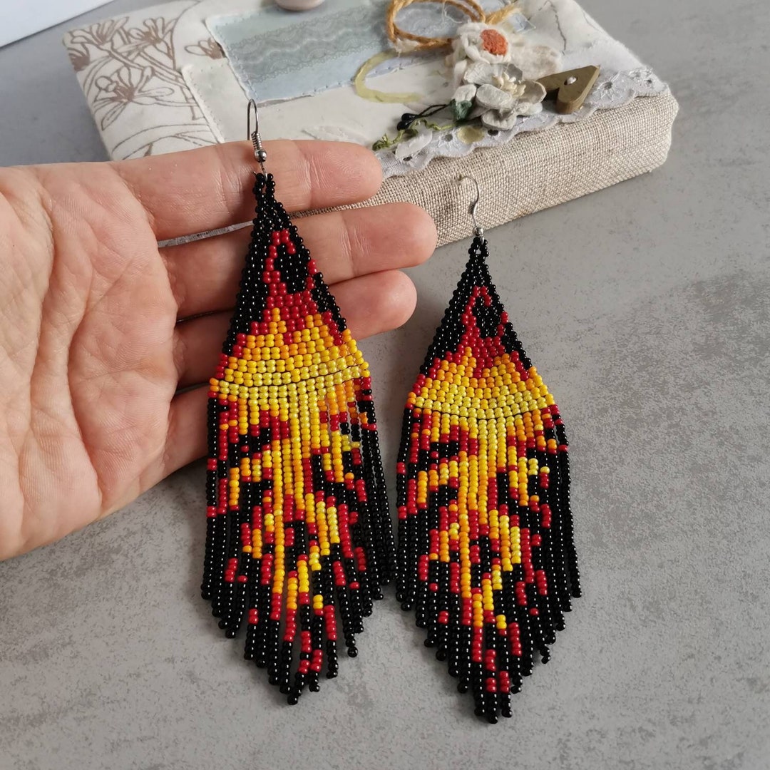 Flame Seed Bead Earrings Fire Long Beaded Fringe Earrings Surgical ...