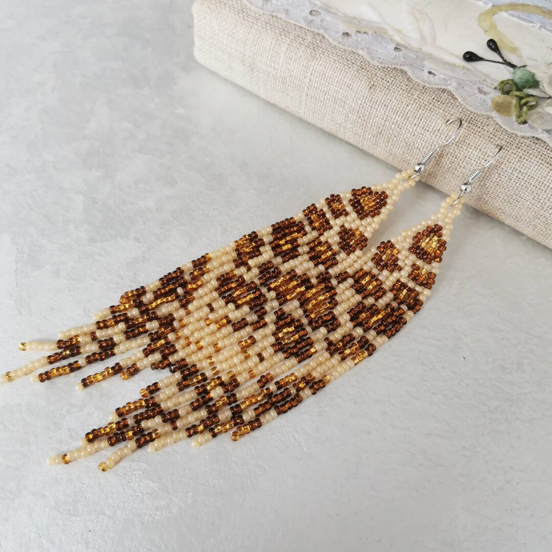 Leopard Print Beaded Fringe Earrings, Czech Glass Seed Beads - Etsy