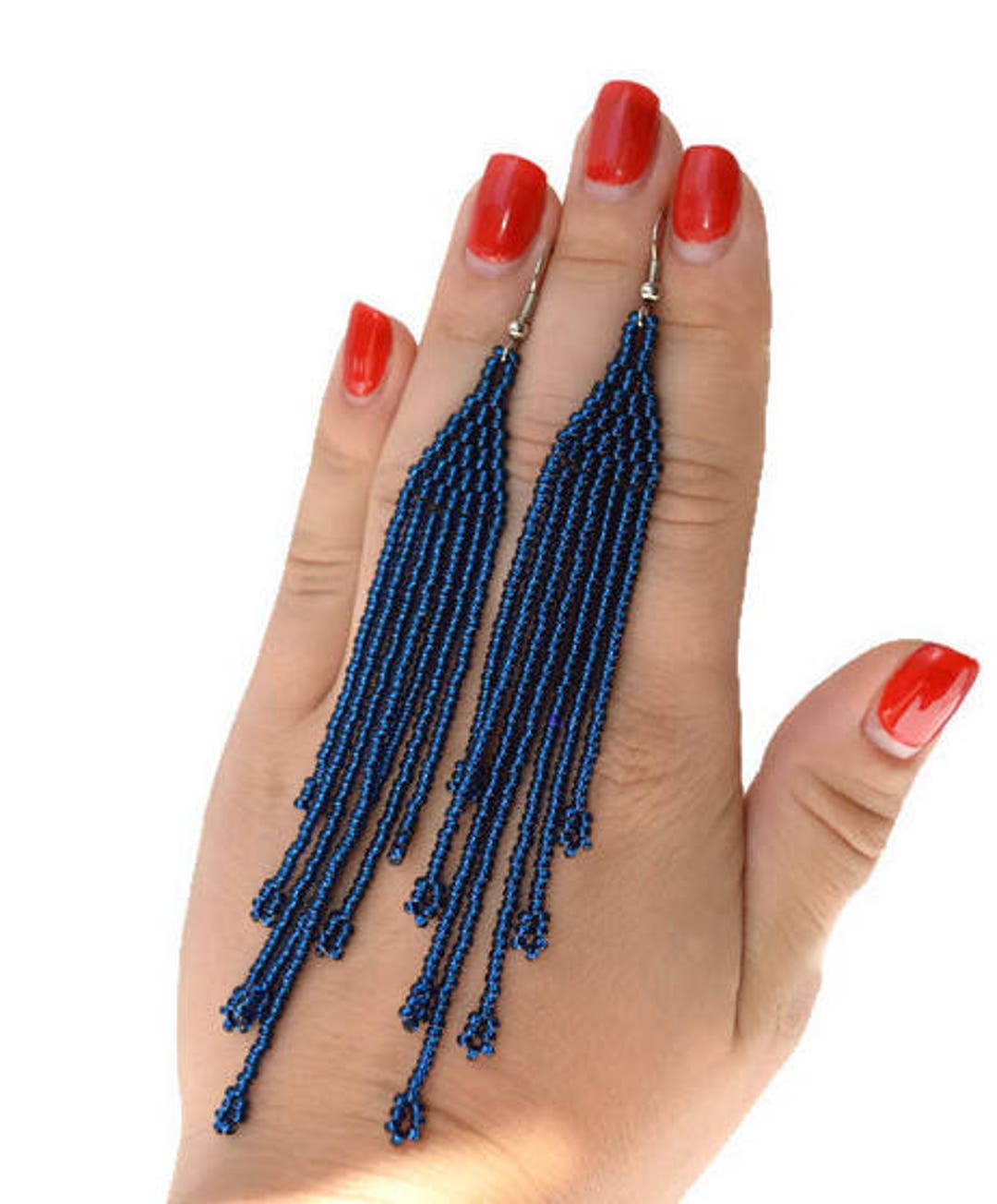 Dark Blue Long Seed Bead Earrings Navy Blue Beaded Fringe Earrings ...