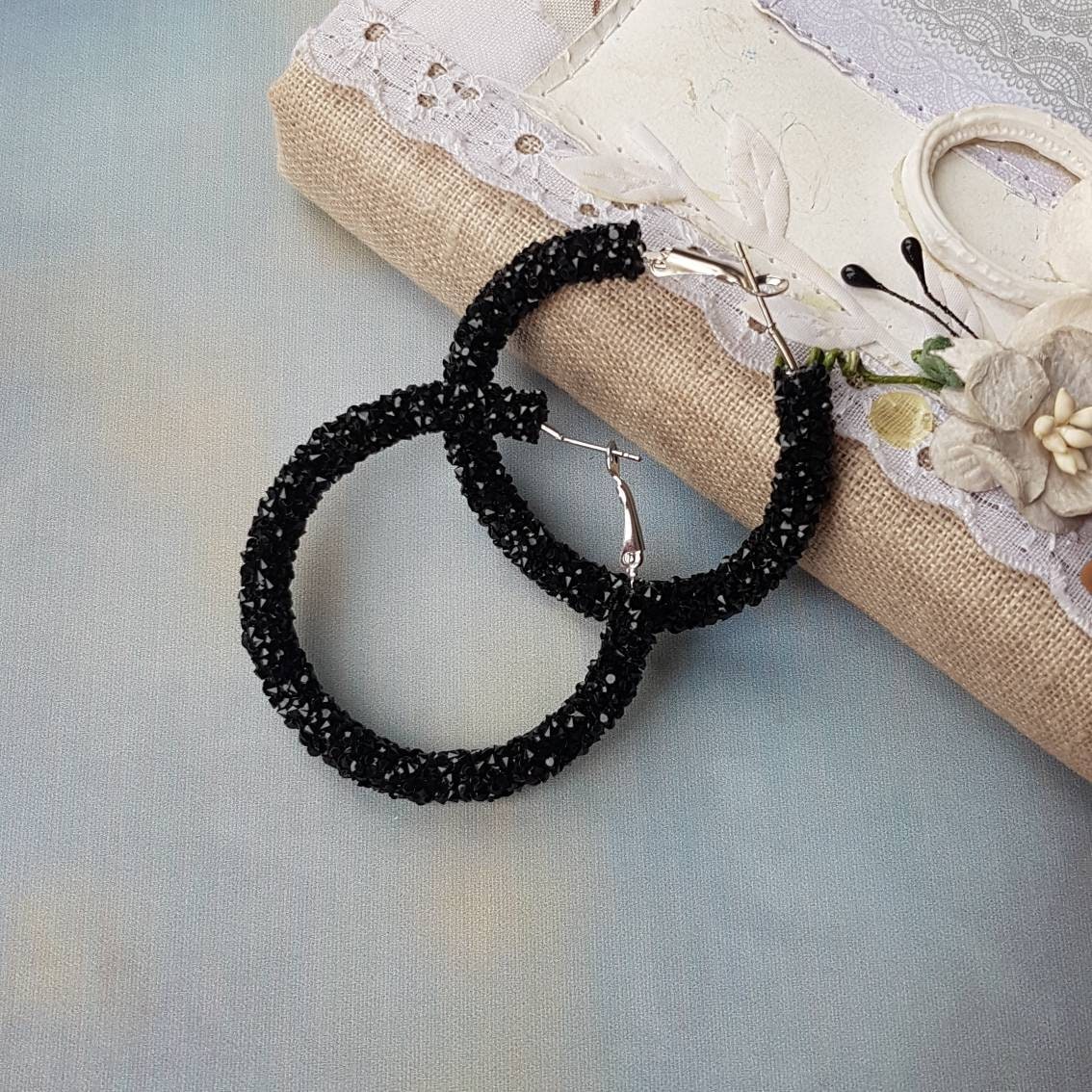 Black Hoop Earrings for Women Goth Bling Earrings Big Crystal Hoops ...