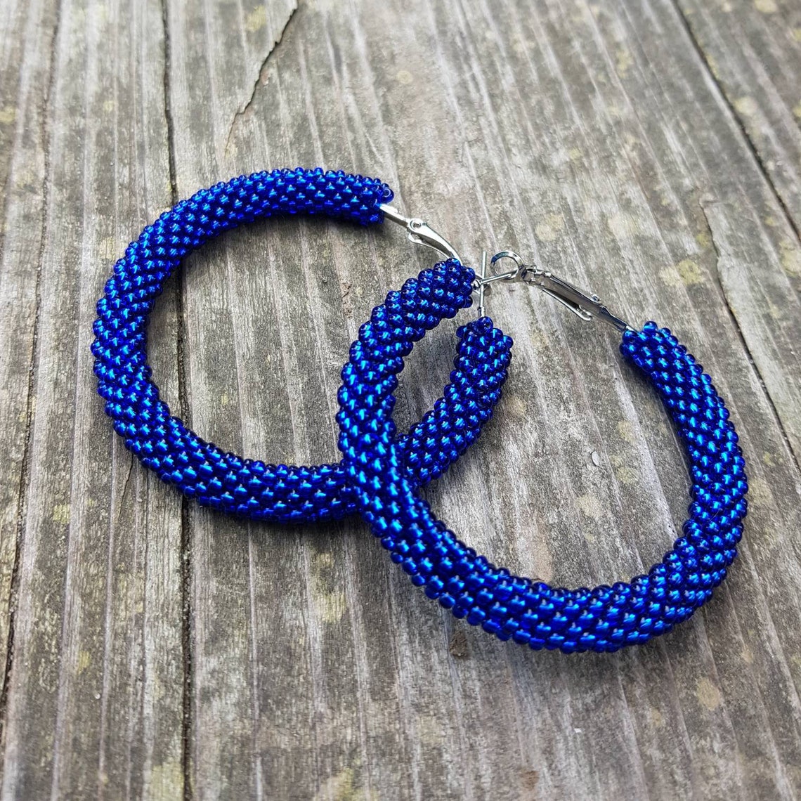 Royal Blue Hoop Earrings Sapphire Blue Seed Bead Earrings | Etsy