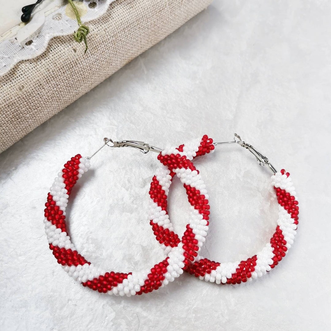 Сandy Cane Hoop Earrings Red Peppermint Large or Small Christmas Beaded ...