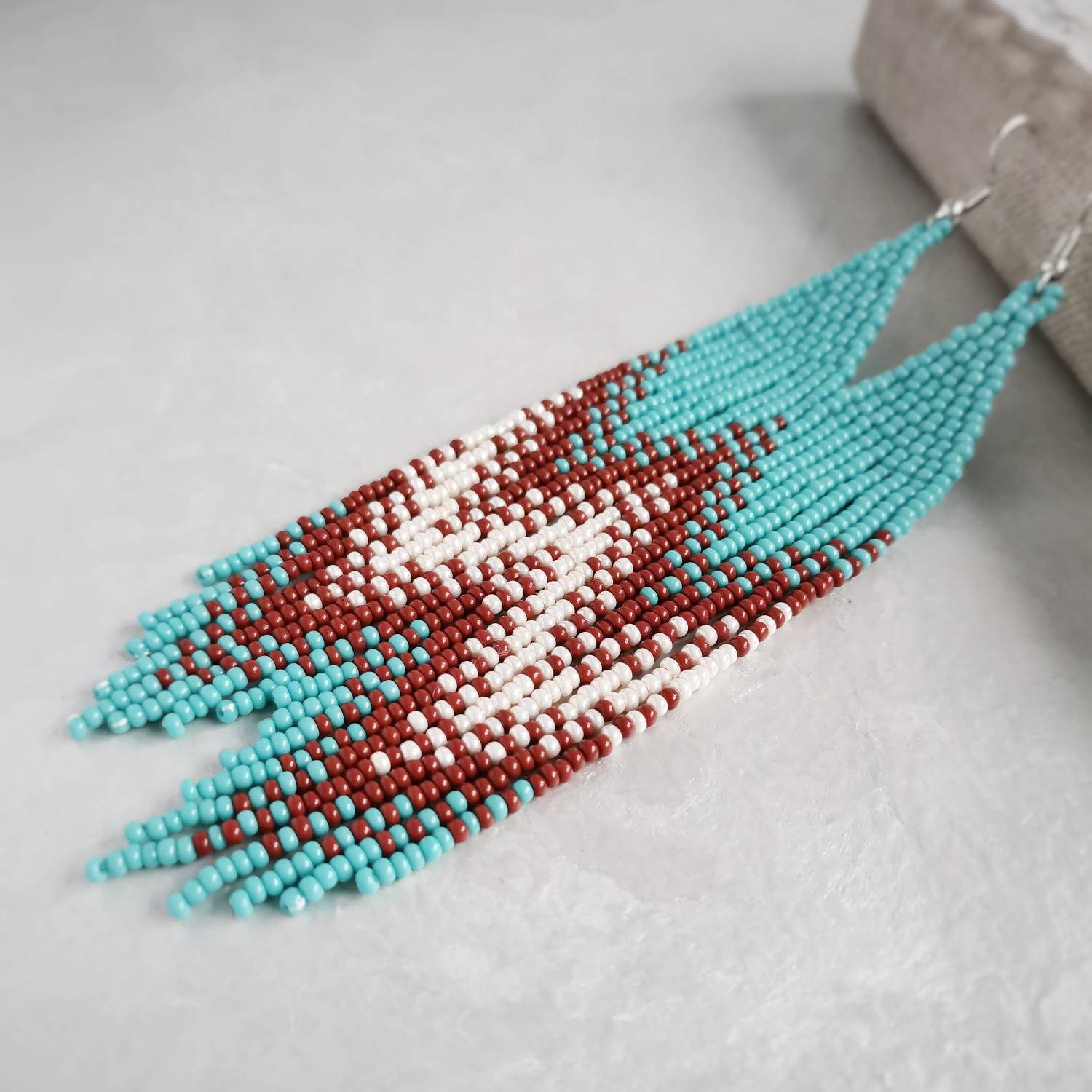 Long Turquoise Chandelier Beaded Fringe Earrings Blue and Brown Boho ...