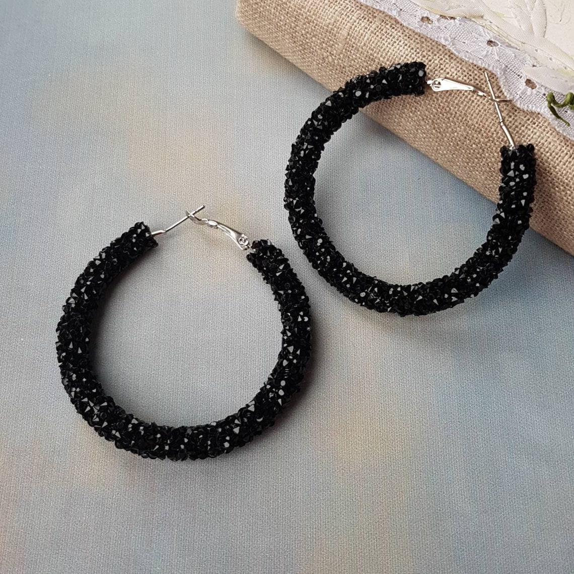 Black Hoop Earrings for Women Goth Bling Earrings Big Crystal Hoops ...