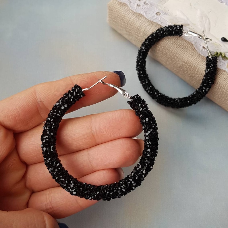 Black Hoop Earrings for Women Goth Bling Earrings Big Crystal - Etsy