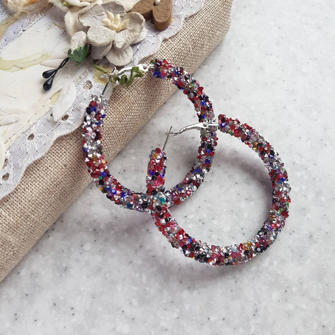 Colorful Rhinestone Earrings Crystal Large Hoop Earrings Fake Diamond ...
