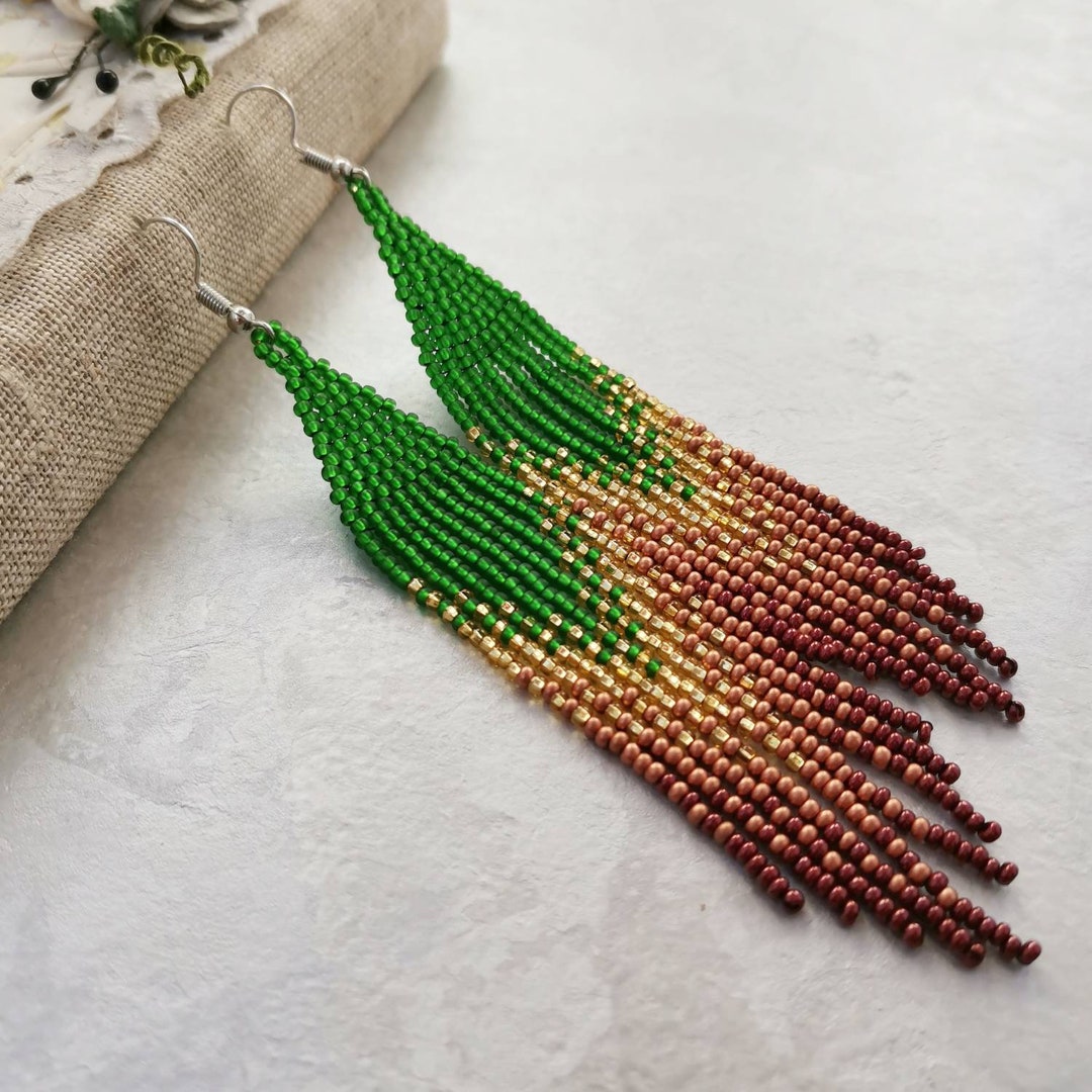 Green and Gold Long Boho Beaded Earrings Bling Seed Bead Fringe ...
