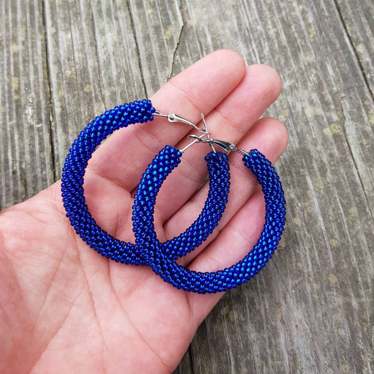 Royal Blue Hoop Earrings Sapphire Blue Seed Bead Earrings Large Beaded ...