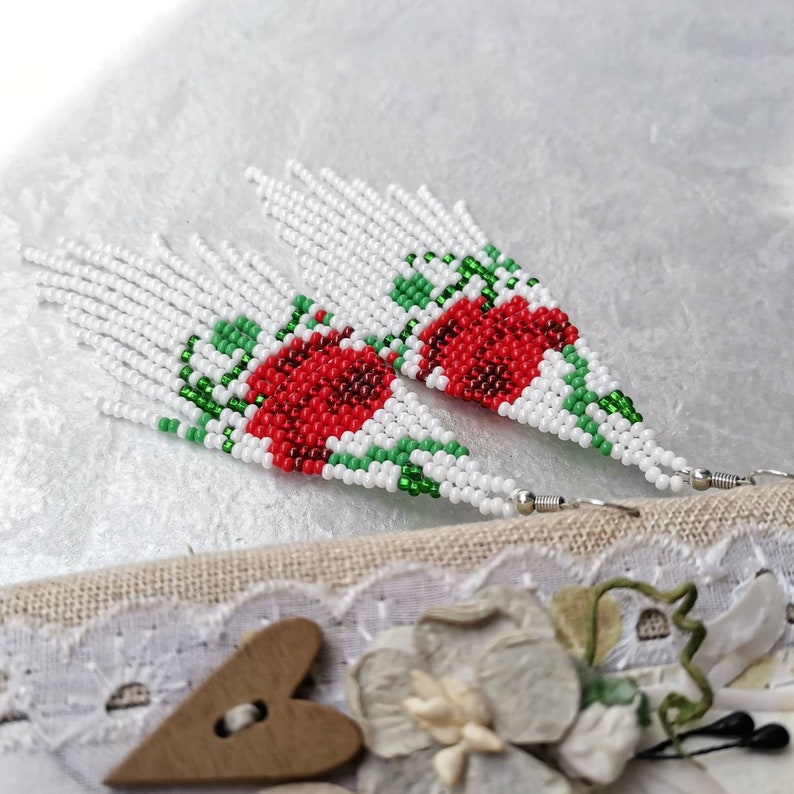 Beaded Fringe Earrings With a Flower Red Roses Dangle Beaded - Etsy