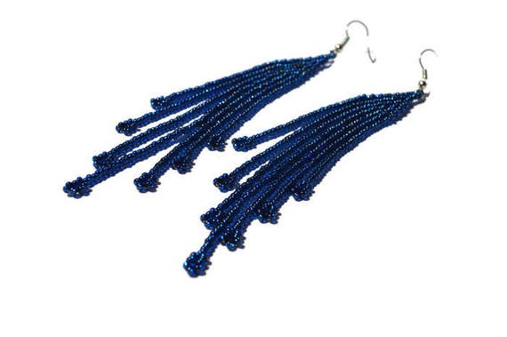 Dark Blue Long Seed Bead Earrings Navy Blue Beaded Fringe - Etsy