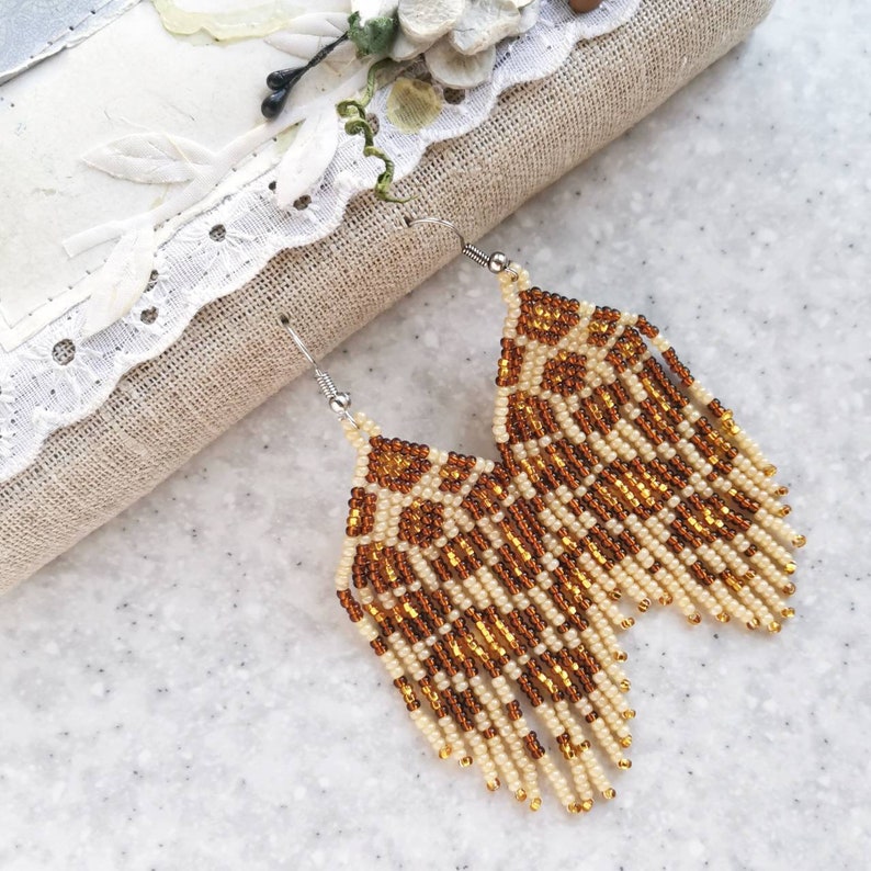Leopard Beaded Earrings Cheetah Print Seed Bead Fringe Earrings Safari ...