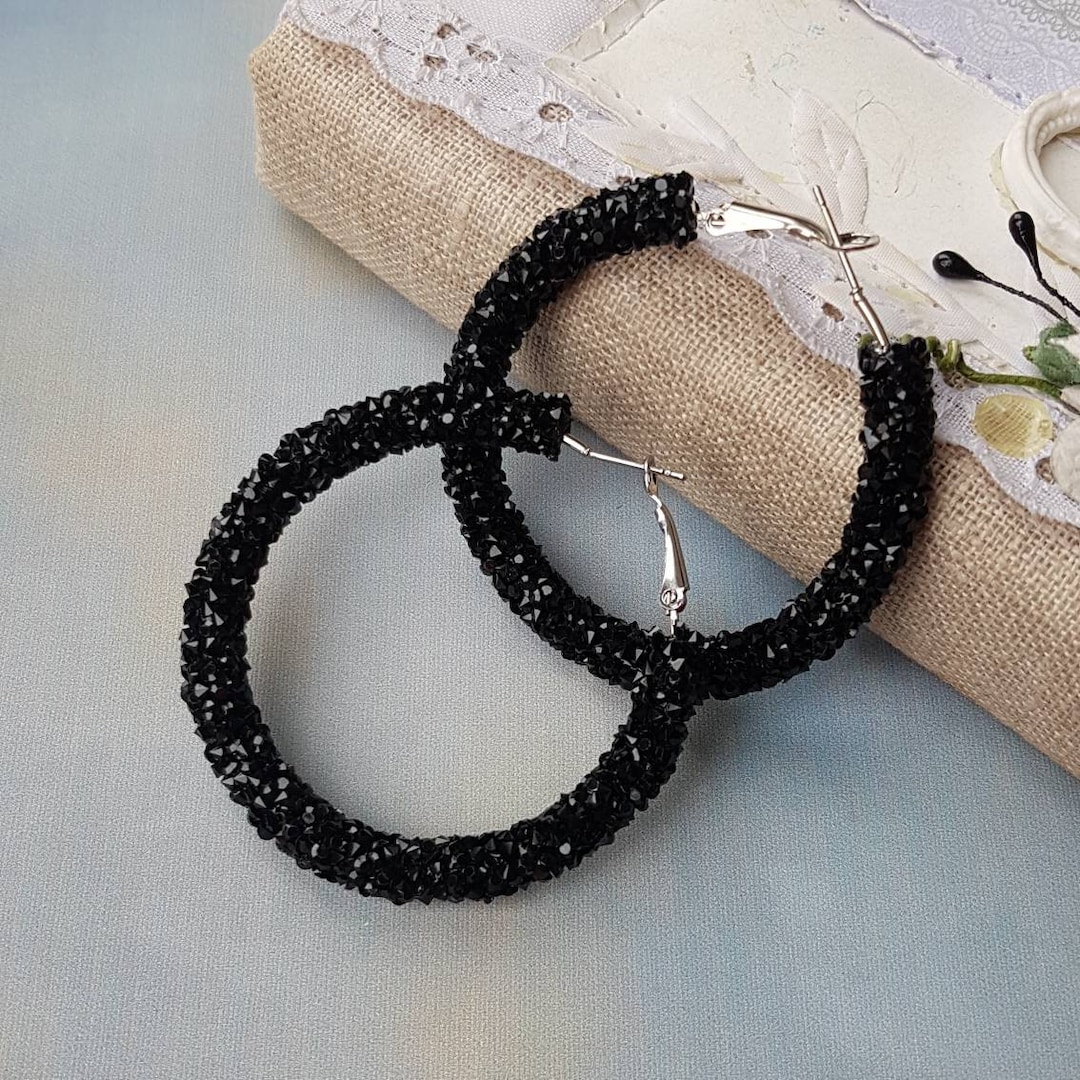 Black Hoop Earrings for Women Bling Earrings Big Crystal Hoops Shiny ...