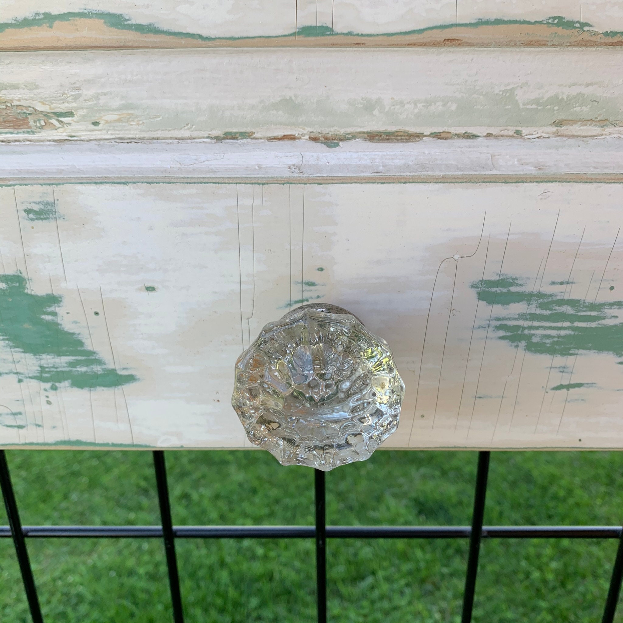 Upcycled Old Door Panel Shelf - Antique Crystal Door Knobs - Distressed Paint - Sealed