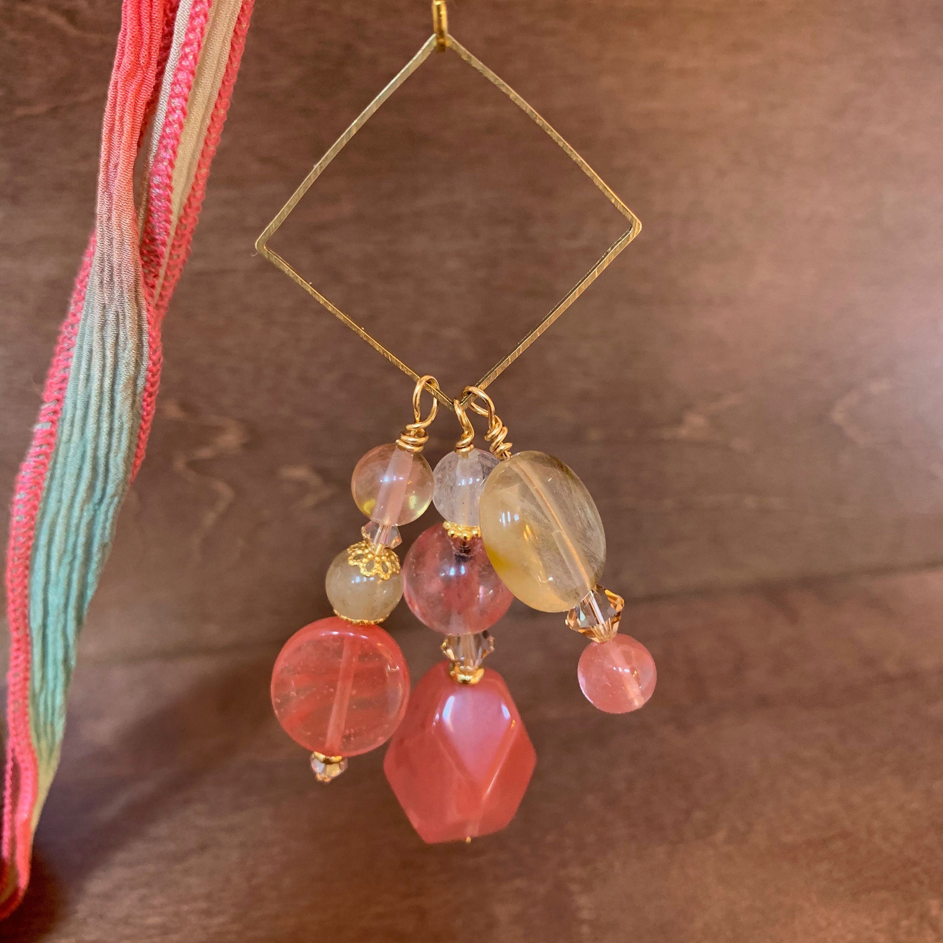 Silk Ribbon Necklace w/ Glass Beads and Brass Accents - 32