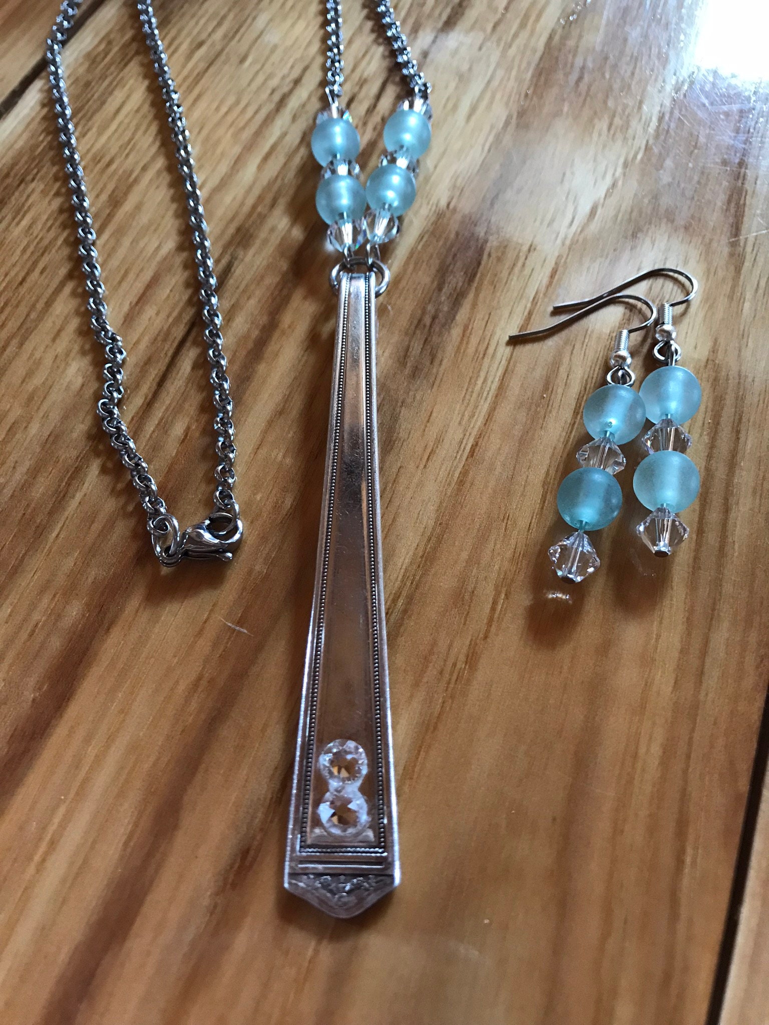 Sterling Silver Plated Spoon Handle Pendant w/ Swarovski Crystals-Sea ...