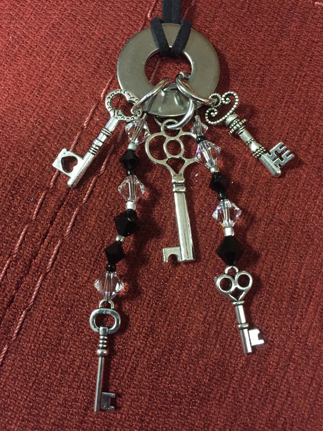 24 Faux Leather Necklace - Keys - Swarovski Crystals