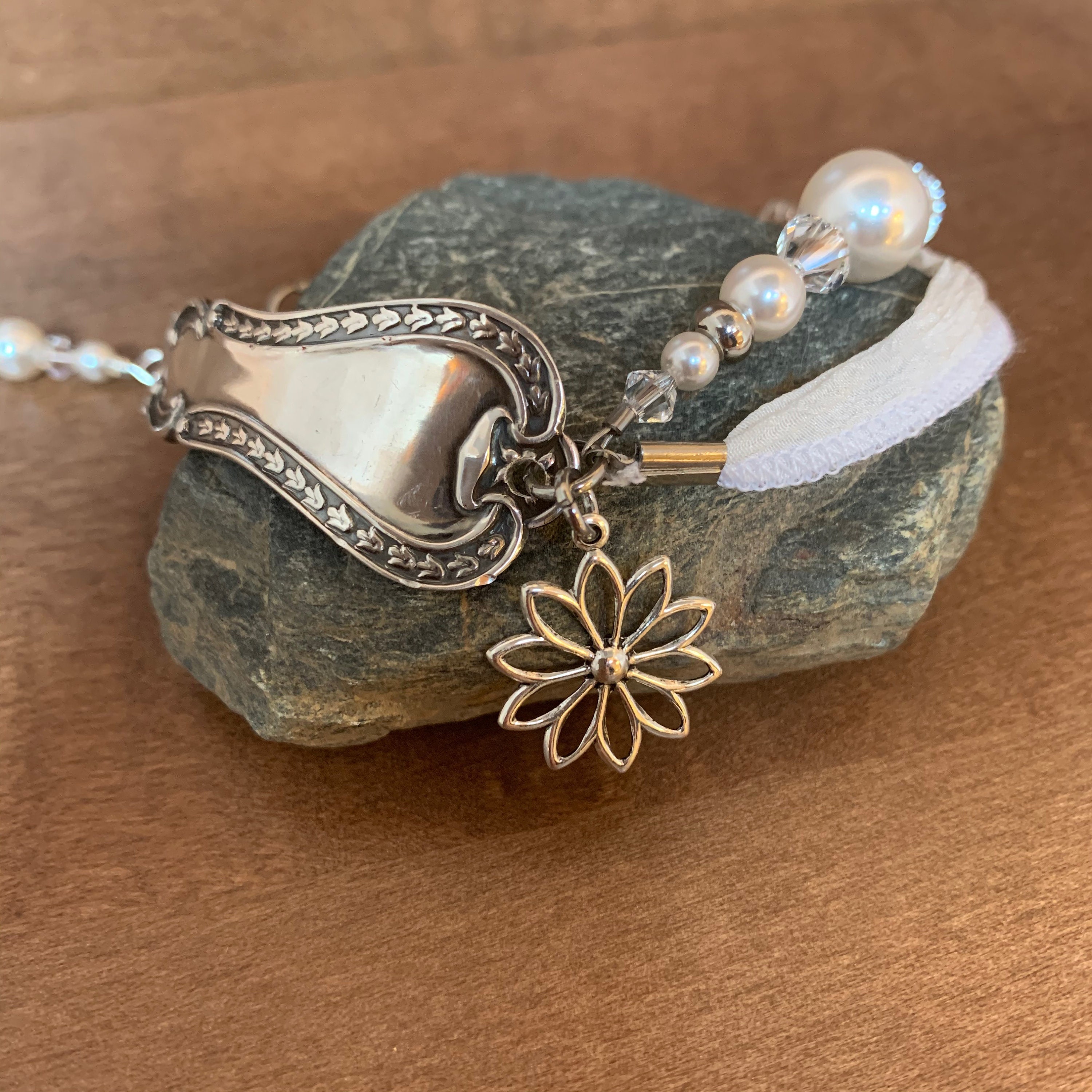 Silver Plated Spoon Handle Bracelet - Swarovski Pears/Crystals - Adjustable