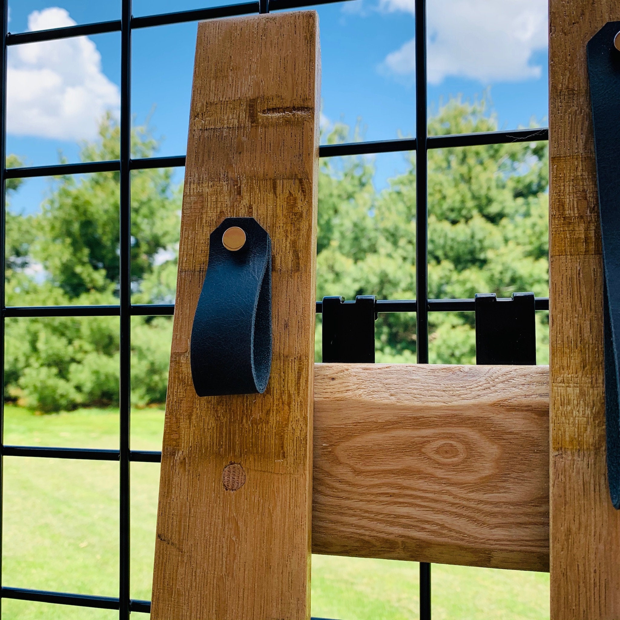 Oak Wine Barrel Stave Wine Rack - Dark Grey Leather Wine Straps - Holds ...