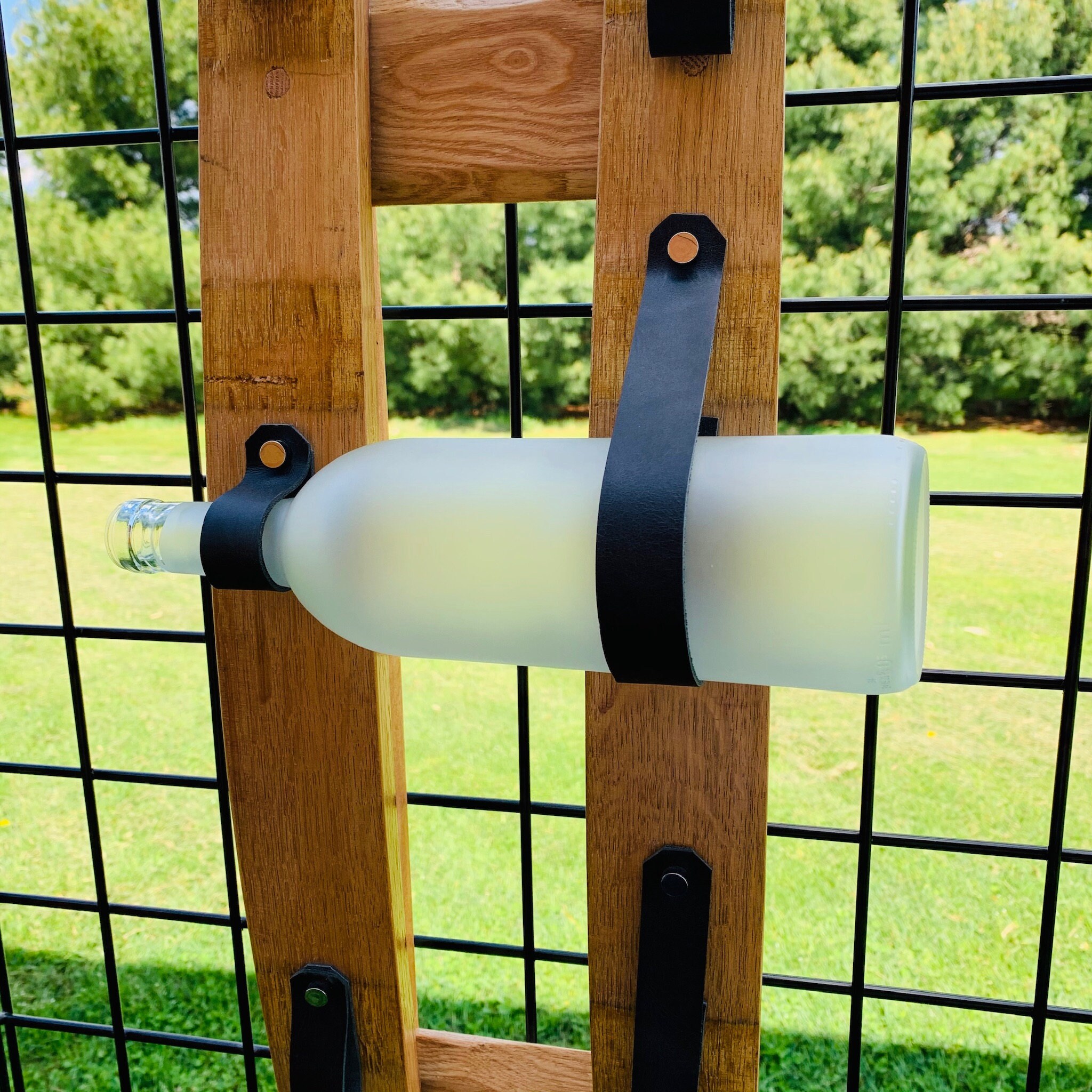 Oak Wine Barrel Stave Wine Rack - Dark Grey Leather Wine Straps - Holds ...