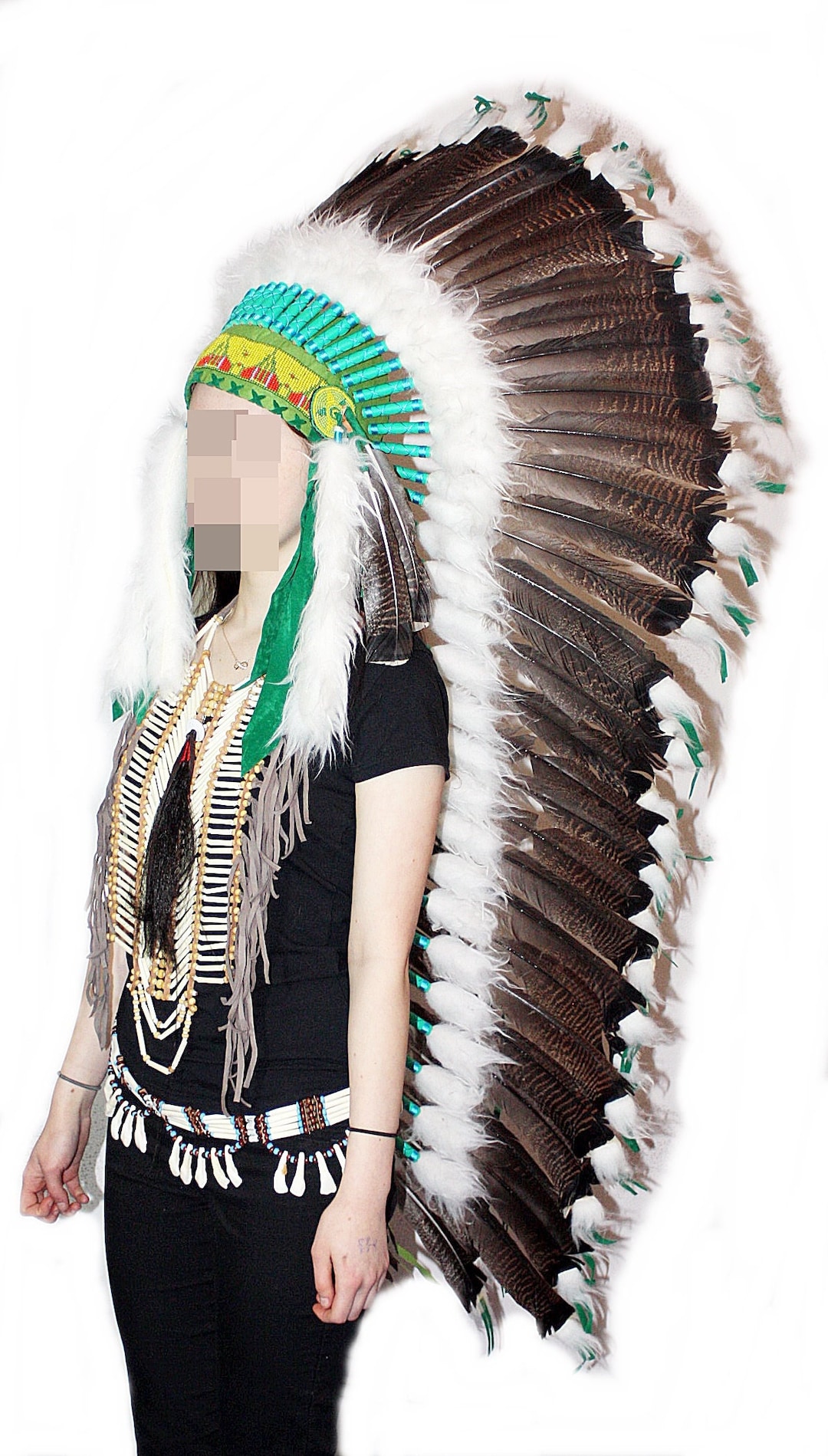 UNIQUE PIECE Indian Headdress GREEN XXL Feather Bonnet Turkey 110 Cm ...