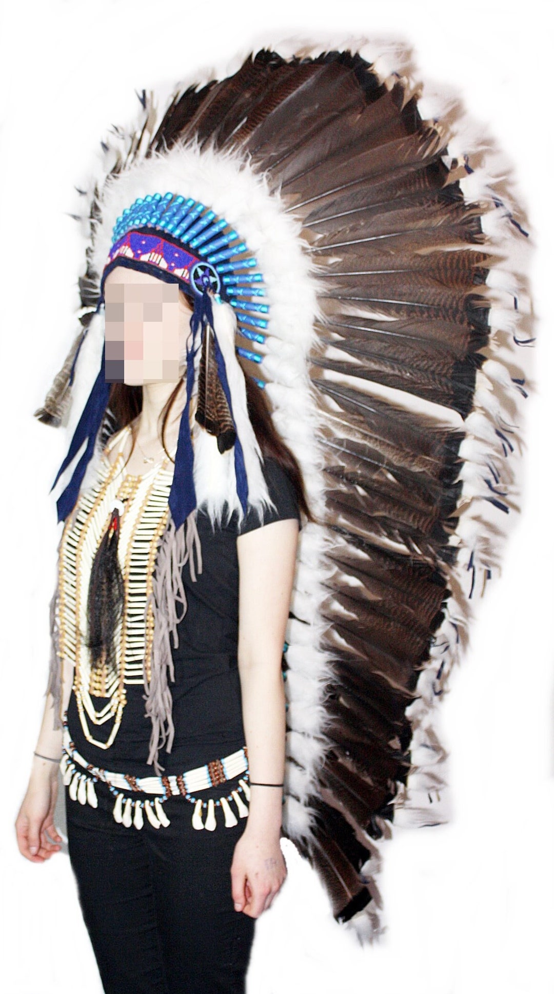 UNIQUE PIECE Indian Headdress BLUE XXL Feather Bonnet Turkey 110 Cm ...
