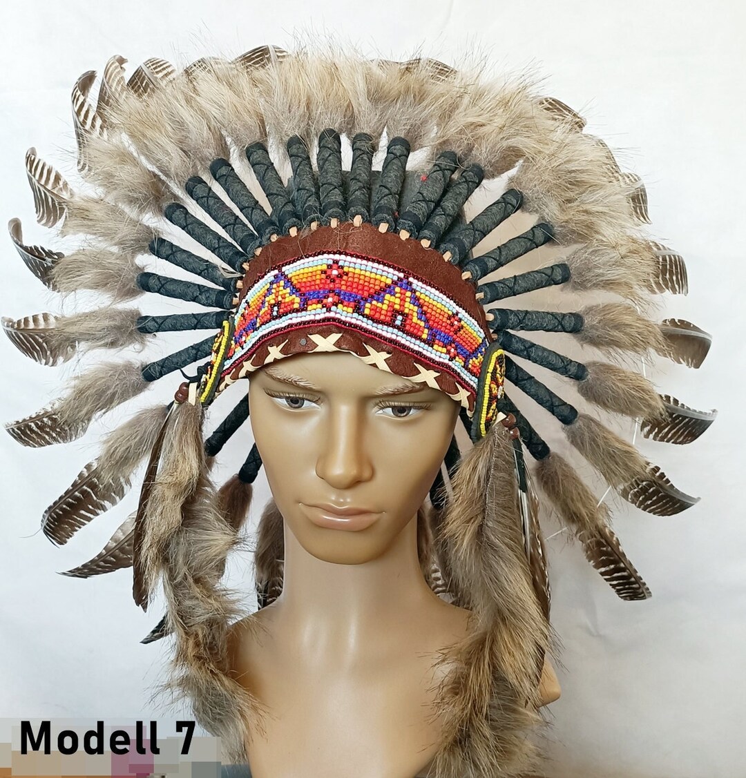 RARE Indian Headdress Short Feather Bonnet EXTRA Turkey Feathers Turkey ...