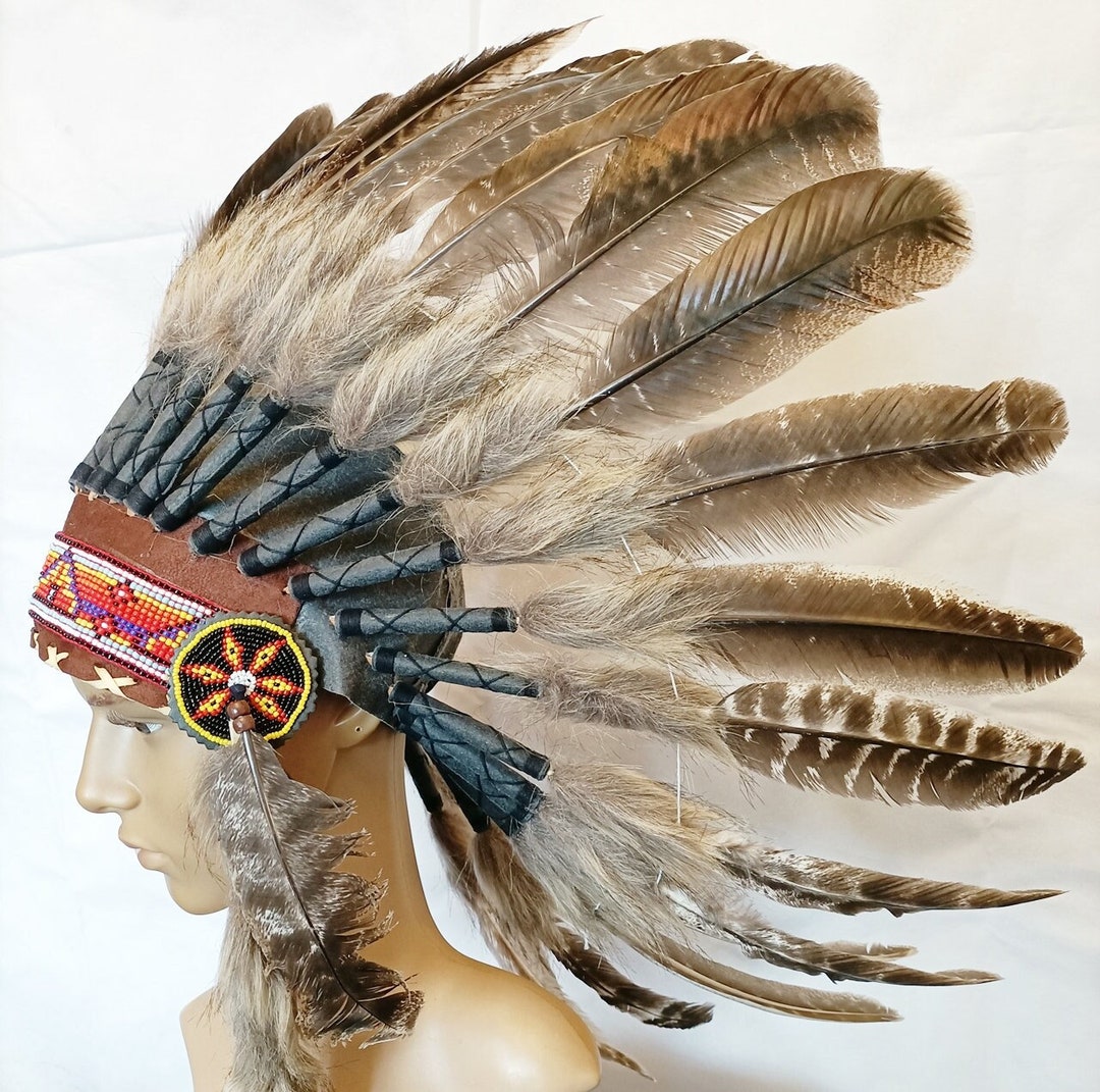 RARE Indian Headdress Short Feather Bonnet EXTRA Turkey Feathers Turkey ...