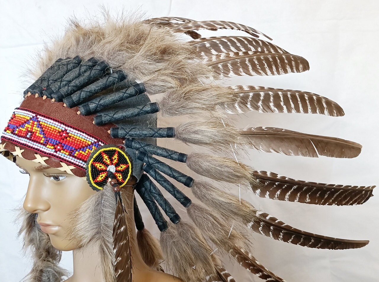 RARE Indian Headdress Short Feather Bonnet EXTRA Turkey Feathers Turkey ...