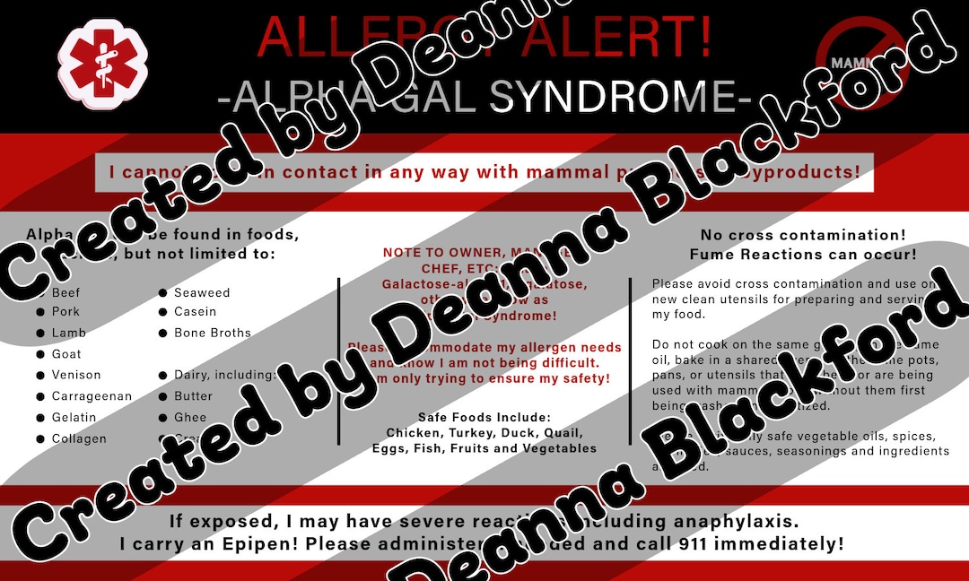 Alpha Gal Allergy Awareness Card ~ Restaurant Flash Card ~medical Alert ...