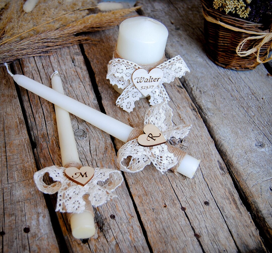 Rustic Wedding Candles Custom Unity Candle Set Lace Bows Wedding Rope ...