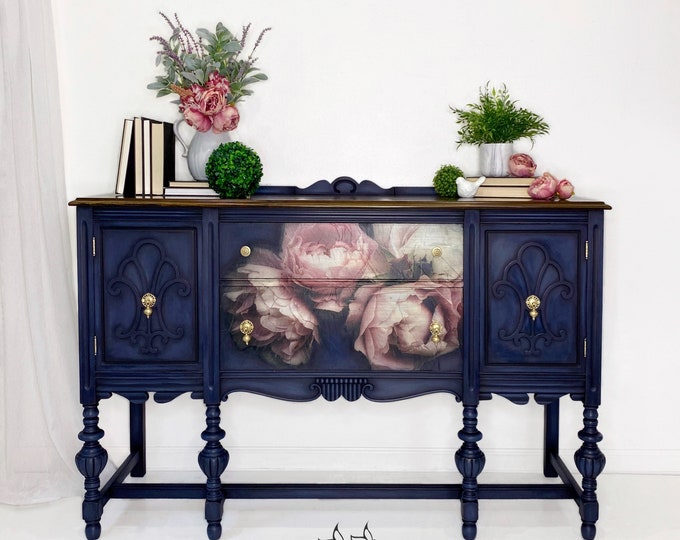 Vintage Jacobean Buffet Sideboard, Antique Furniture, Hand Painted Navy ...