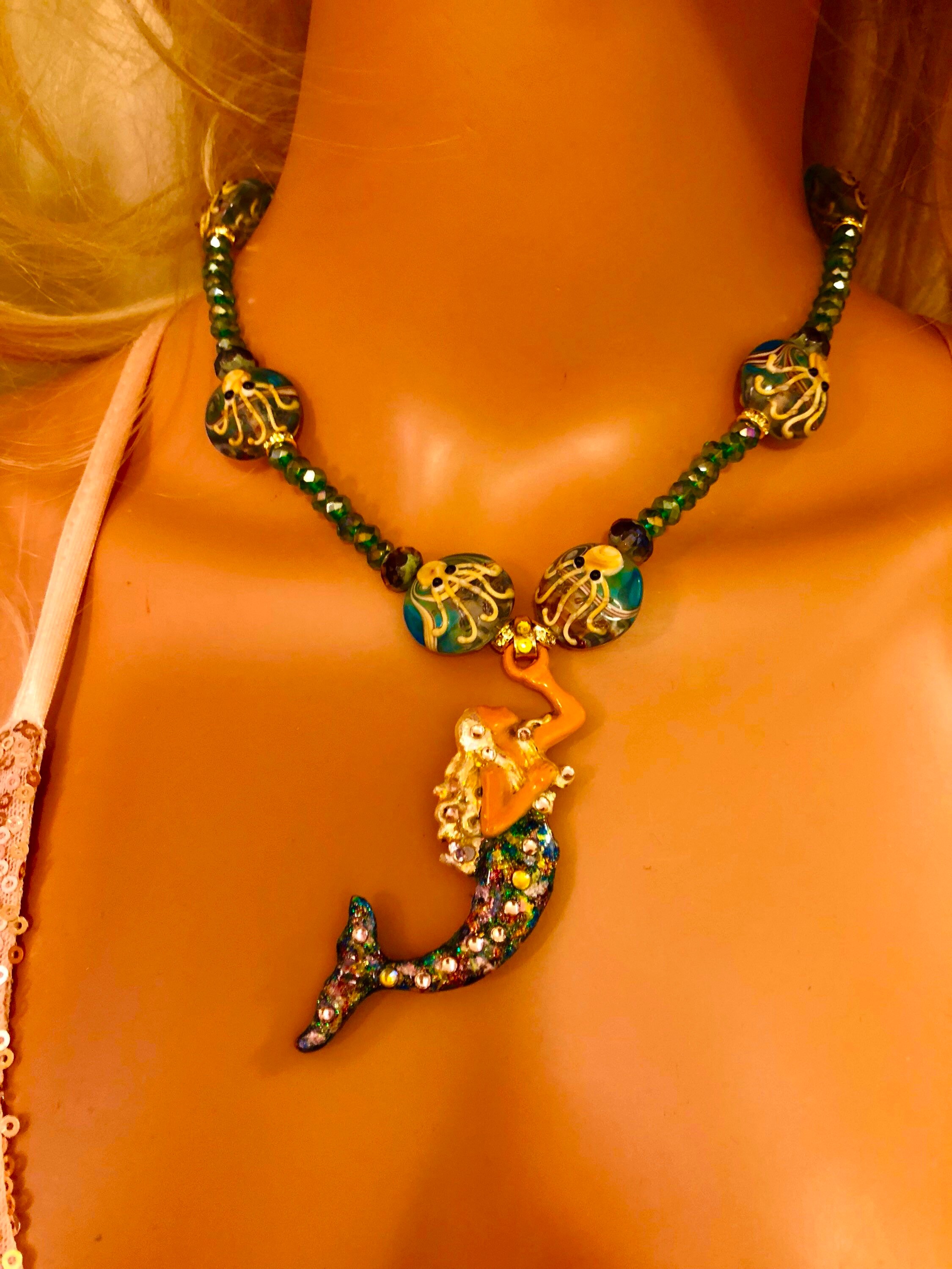 Octopus Blonde Haired Mermaid Pendant Necklace 16&3/4 Inches Swarovski ...