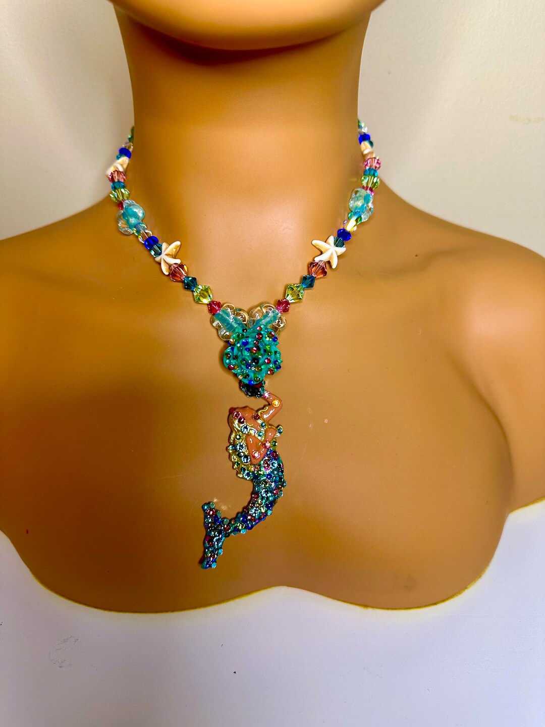 Blonde Haired Mermaid Pendant, Floral Pendant, Blue Pink and Green ...