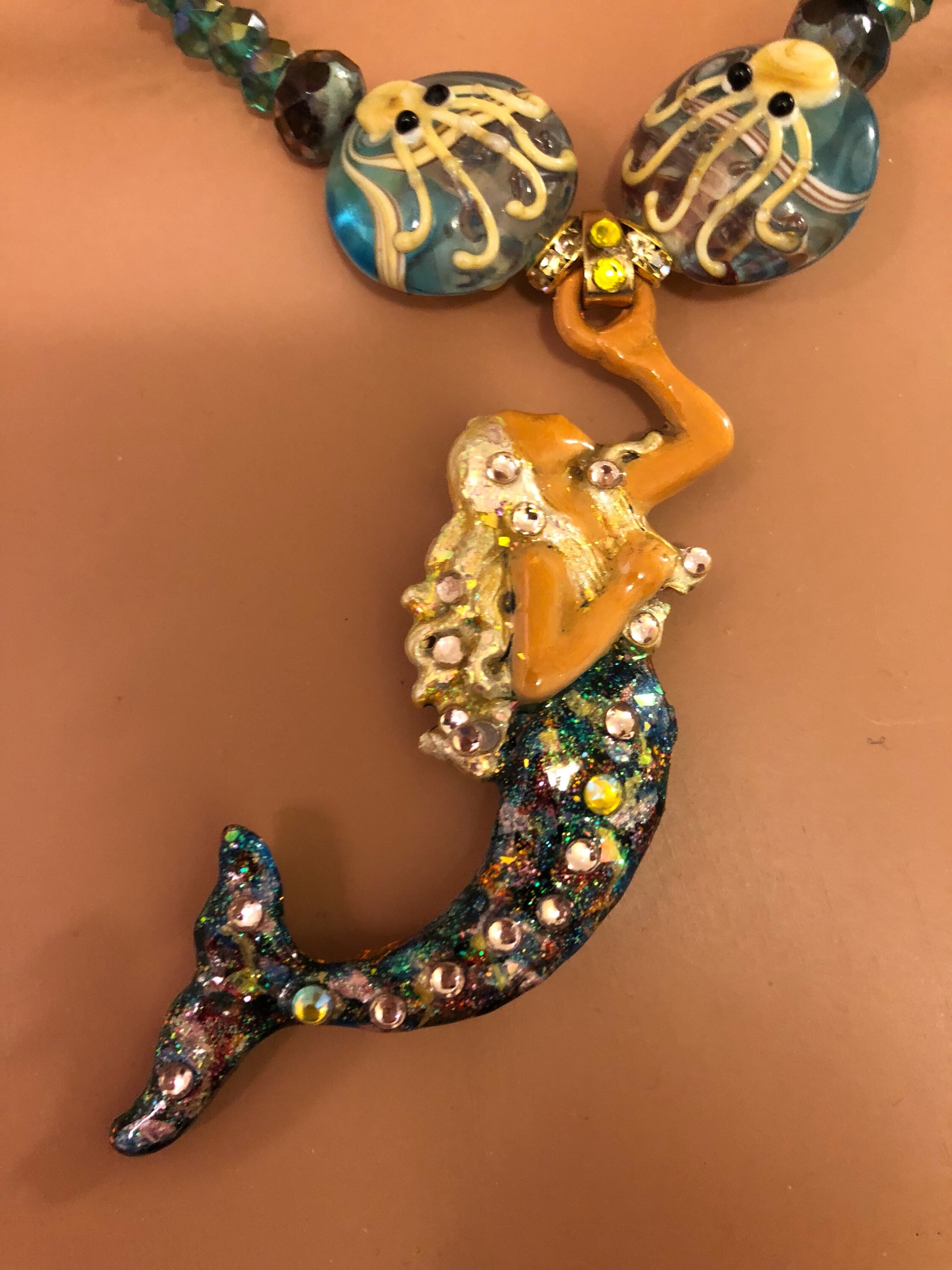 Octopus Blonde Haired Mermaid Pendant Necklace 16&3/4 Inches Swarovski ...