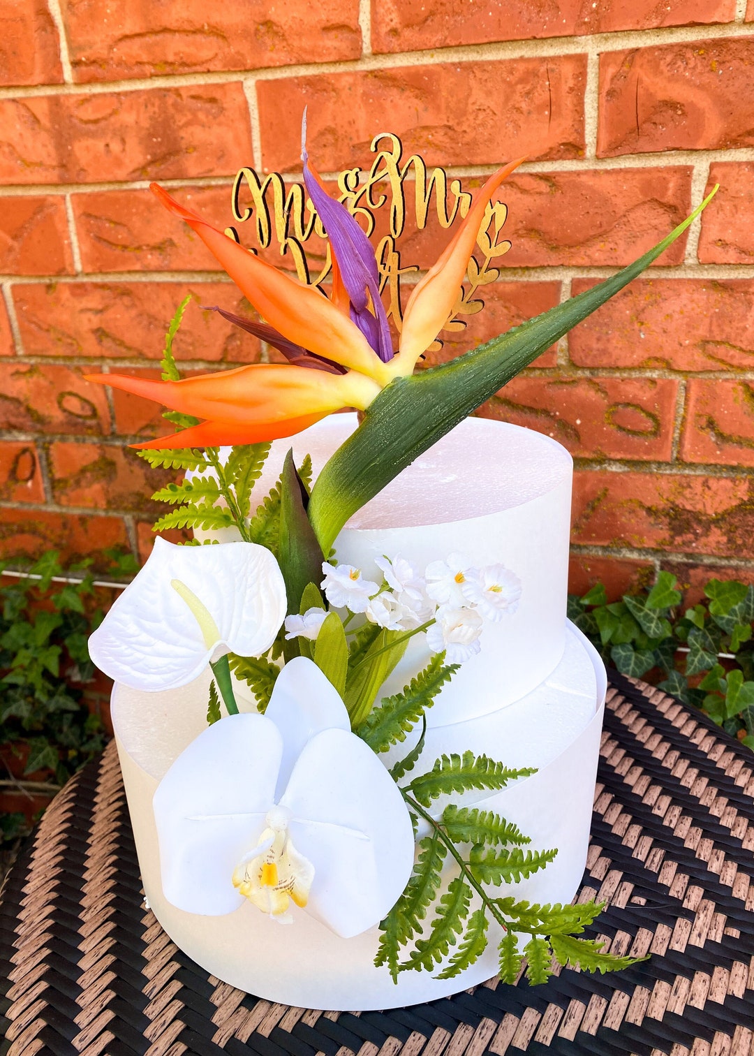 White Wedding Cake Topper With Bird of Paradise / Tropical White ...