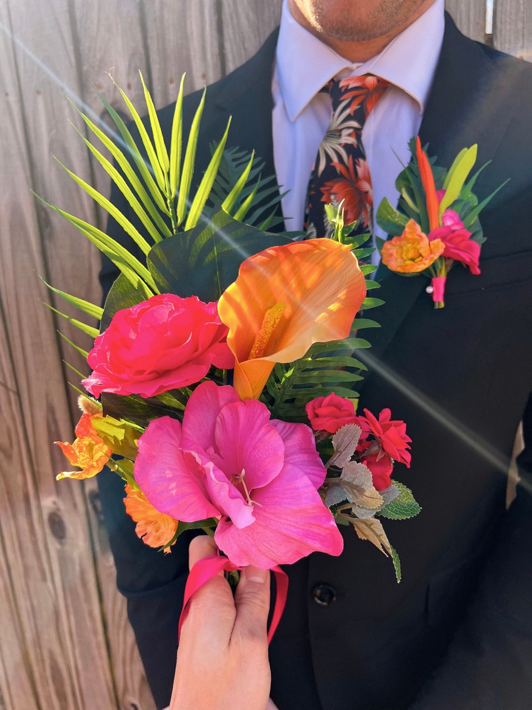 Bird of Paradise Pink Tropical Silk Floral Boutonniere / Faux Tropical ...