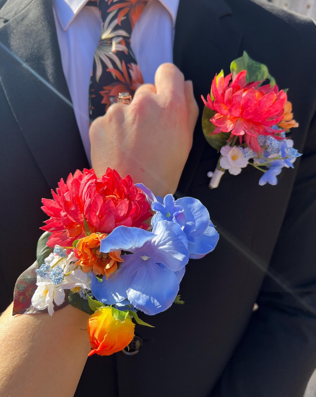 Sunset Prom Corsage and Boutonniere Set / Orange and Pastel Blue Prom ...